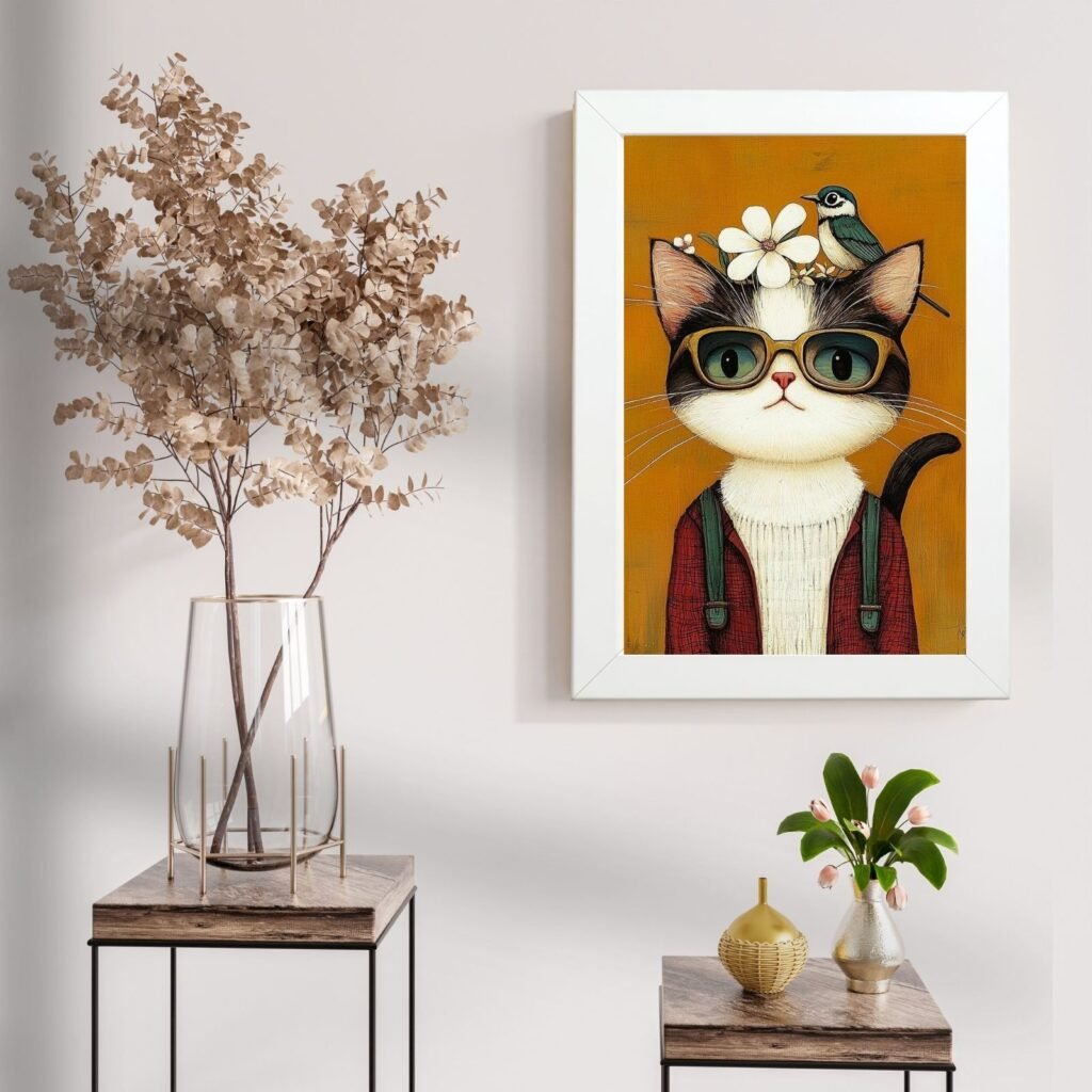 Poster u ramu Mačka i ptica – Šarmantan poklon za ljubitelje mačaka - Mačketina